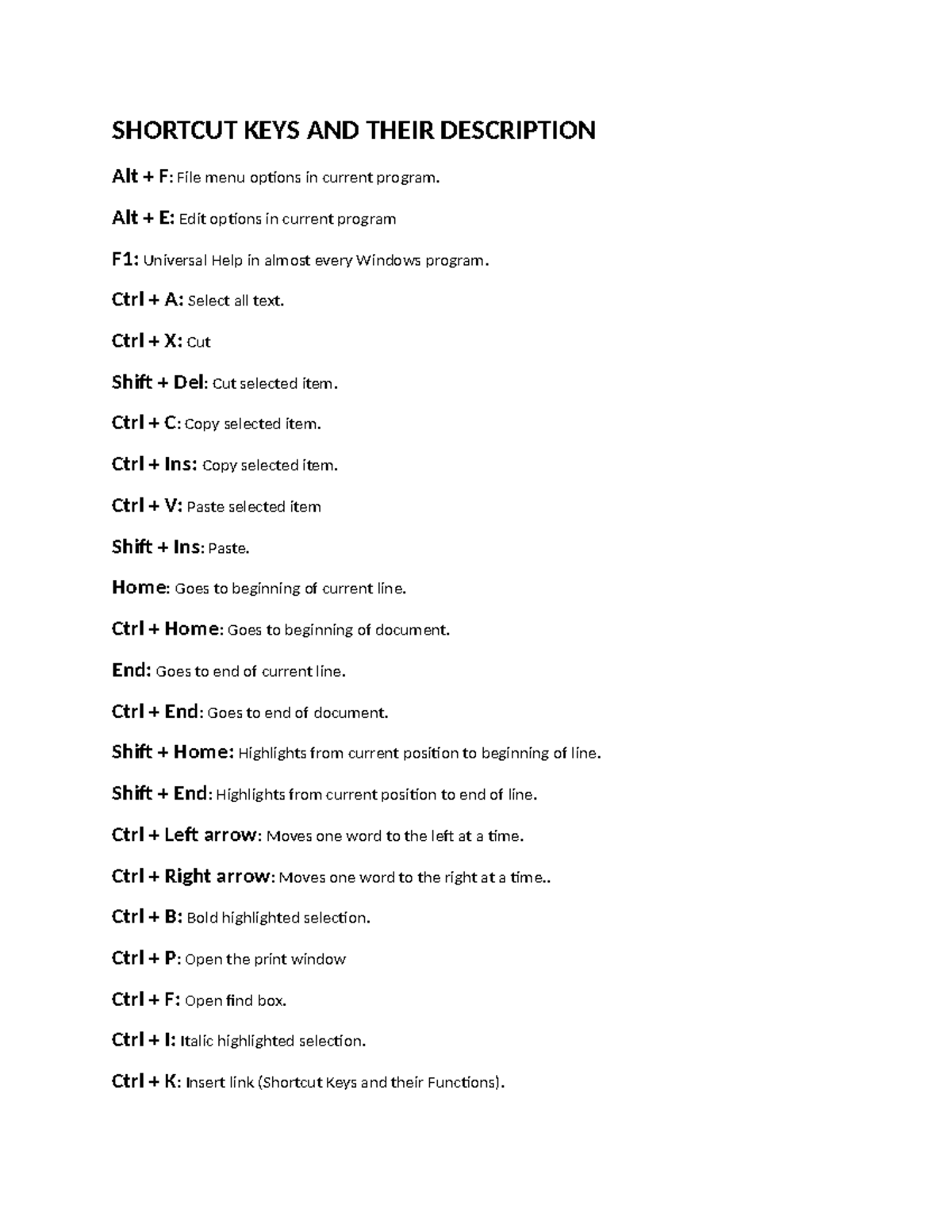 Shortcut KEYS - ICT notes - SHORTCUT KEYS AND THEIR DESCRIPTION Alt + F ...