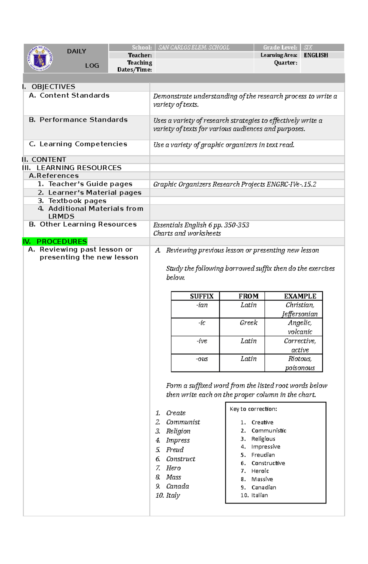 English-6-COT - none - DAILY LESSON LOG School: SAN CARLOS ELEM. SCHOOL Grade Level: SIX Teacher ...