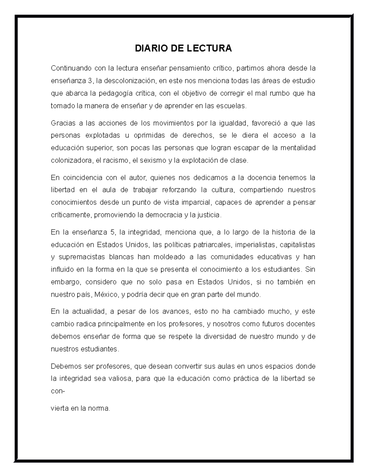 Diario DE Lectura Enseñanza 4 Y 5 - DIARIO DE LECTURA Continuando con ...
