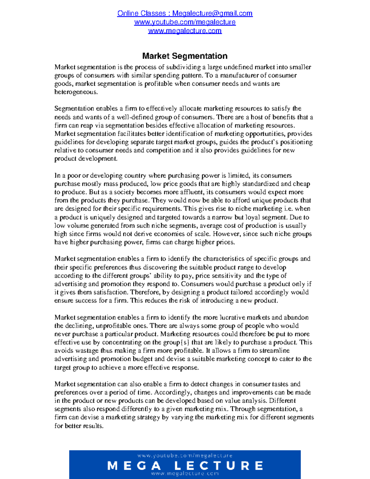 business notes A levels - Market Segmentation Market segmentation is ...