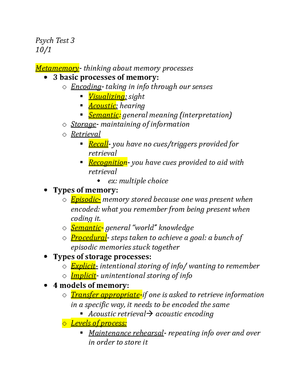 Psych Test 3 Types Of Memory Forgetting And Learning Psych Test 3 10 Metamemory Thinking