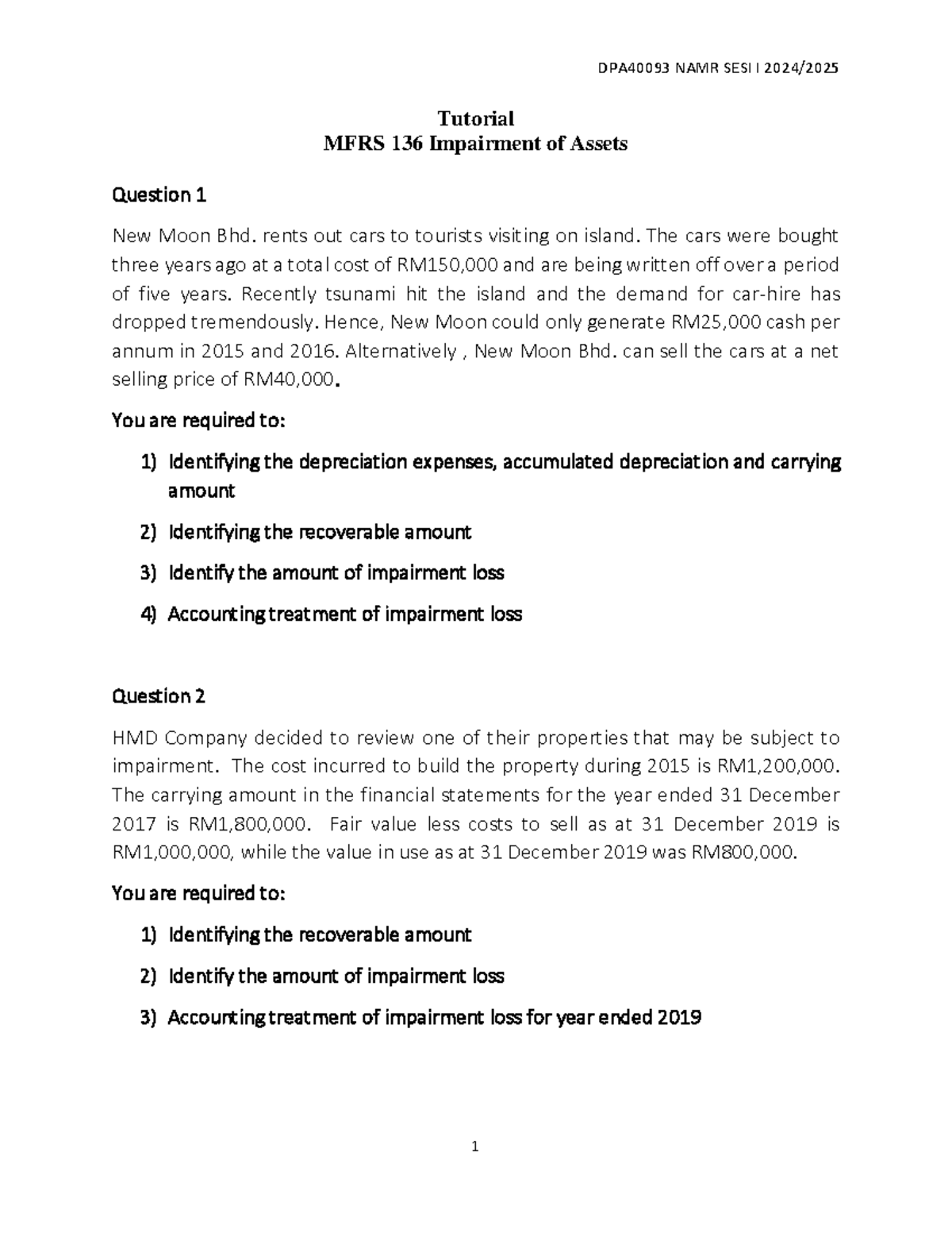 Tutorial MFRS 136 Impairment of Assets Sesi 1 24 25 - Tutorial MFRS 136 ...