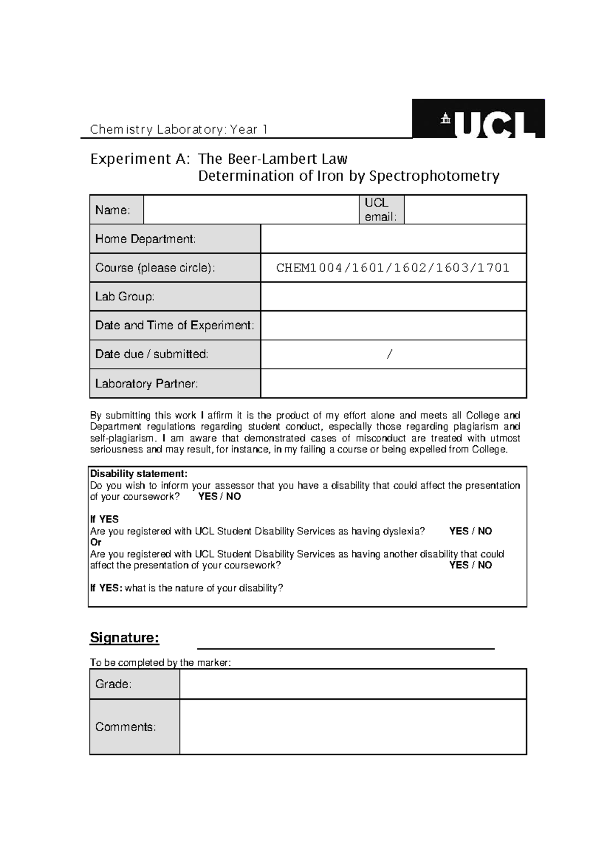 Practical - Experiment a - beer-lambert law determination - Chemistry ...