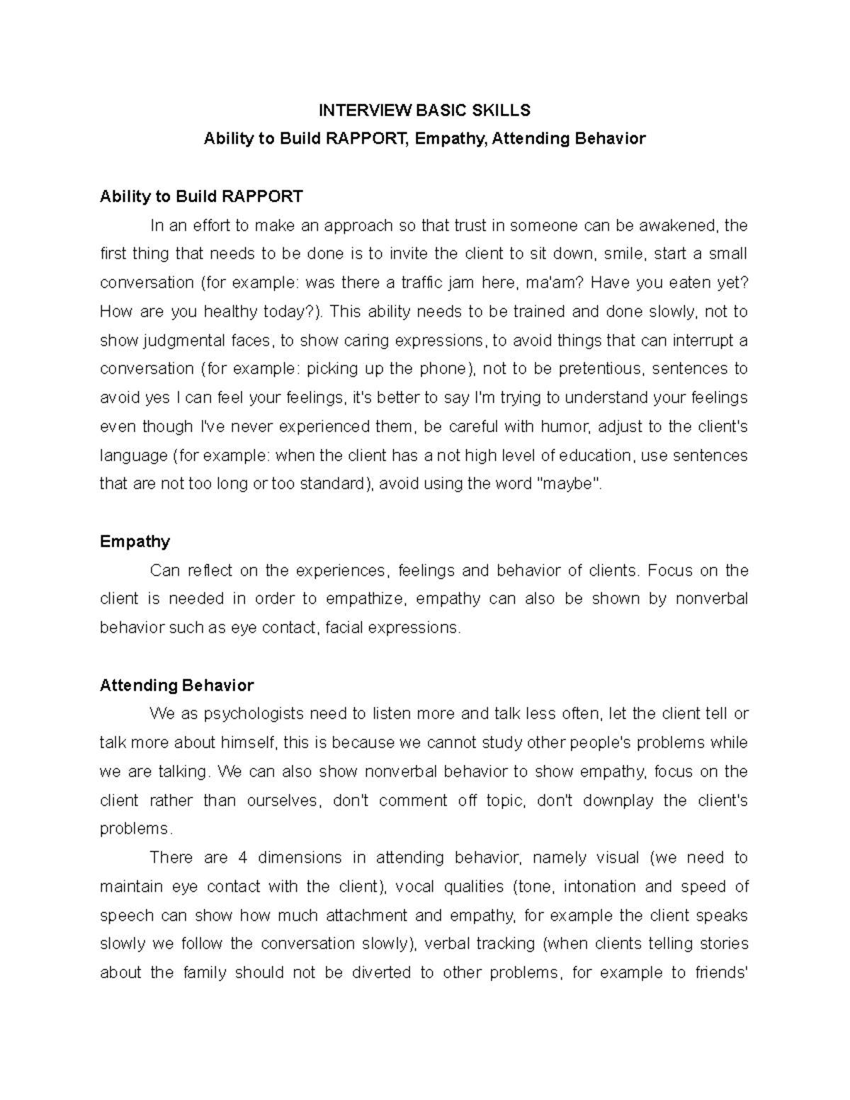 Lecture notes Ability to Build Rapport, Empathy, Attending Behavior ...