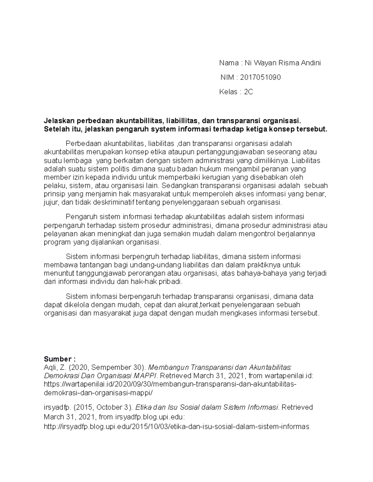 Tugas sim - Nama : Ni Wayan Risma Andini NIM : 2017051090 Kelas : 2C ...