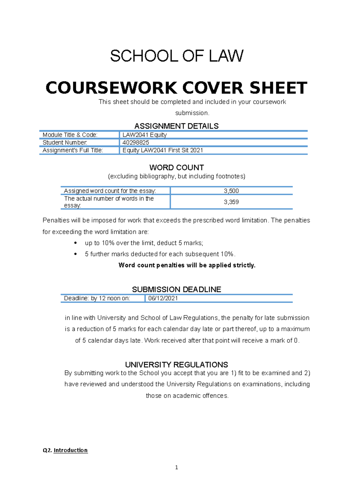 Equity LAW2041 First Sit 2021 - SCHOOL OF LAW COURSEWORK COVER SHEET ...