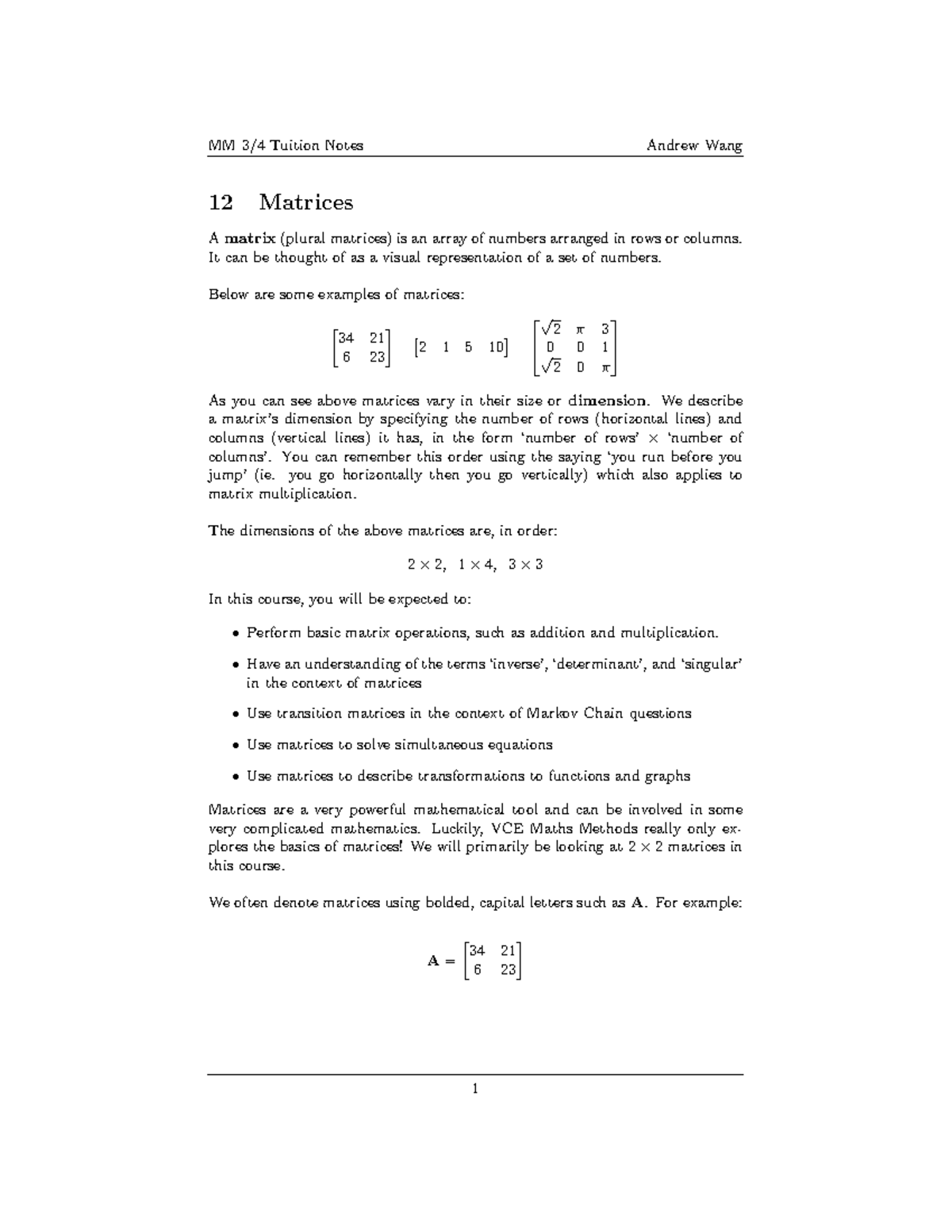 Methods Tuition Notes - Matrices - 12 Matrices Amatrix(plural matrices ...