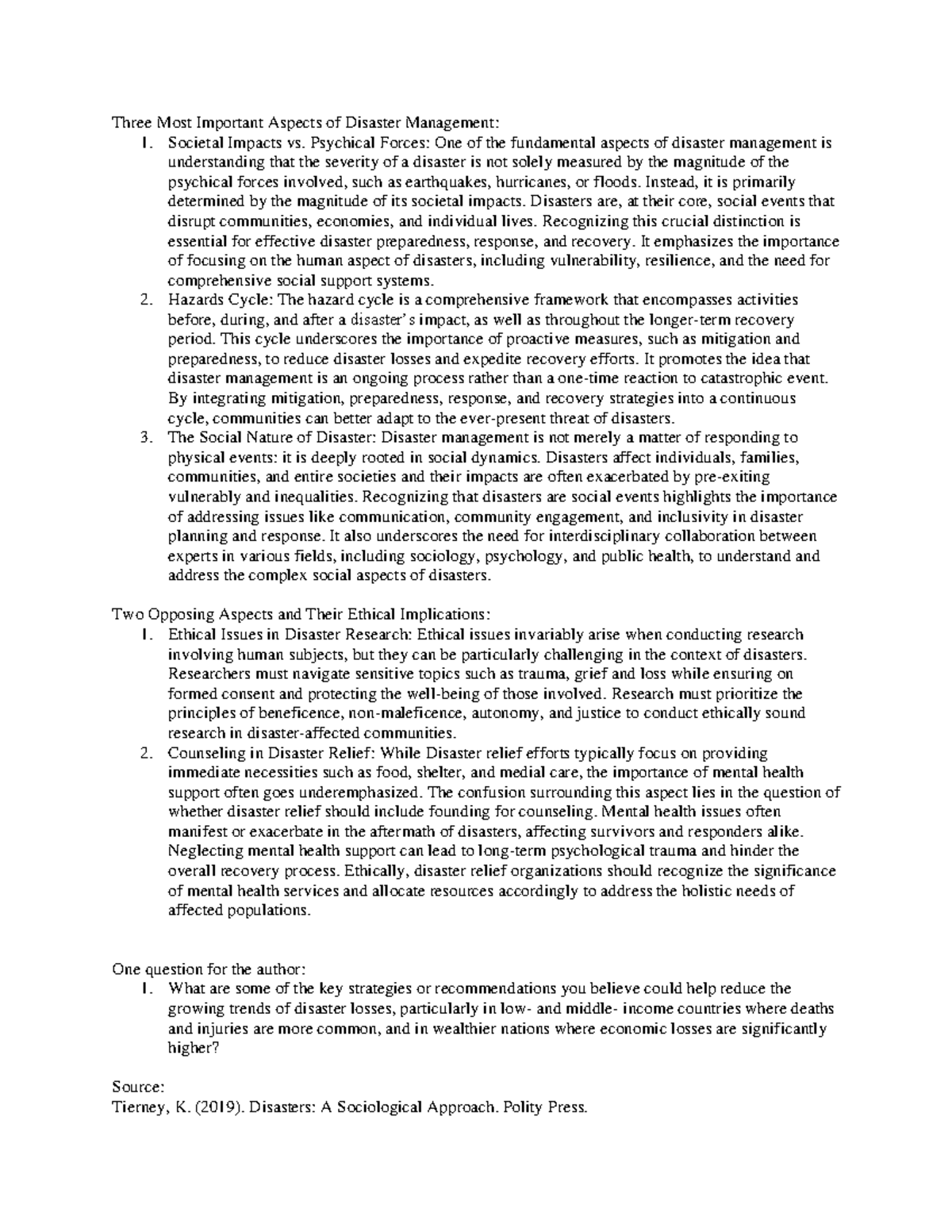 Reading Assignment 1 GG231 - Three Most Important Aspects of Disaster ...