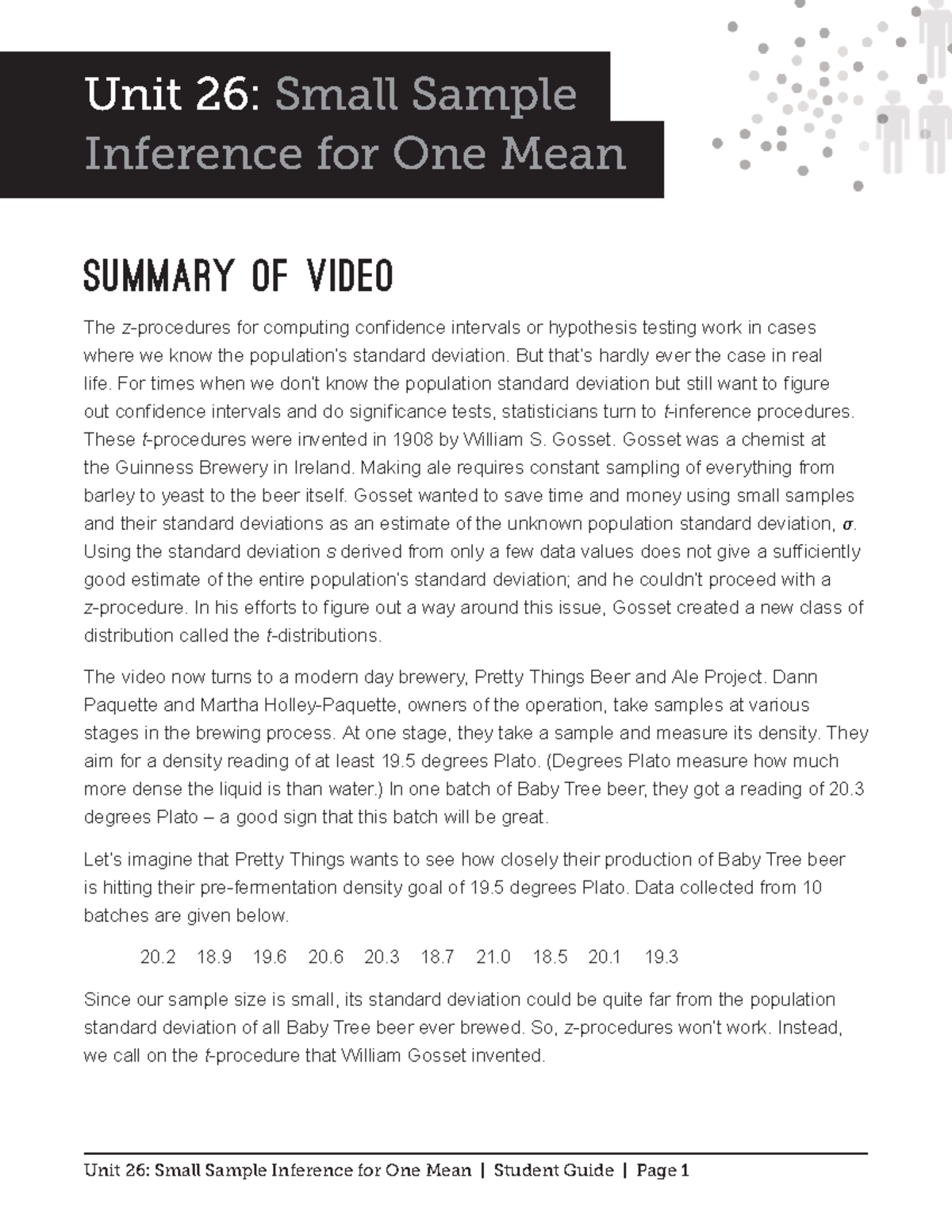 26 - Lecture notes for stats - Unit 26: Small Sample Inference for One ...