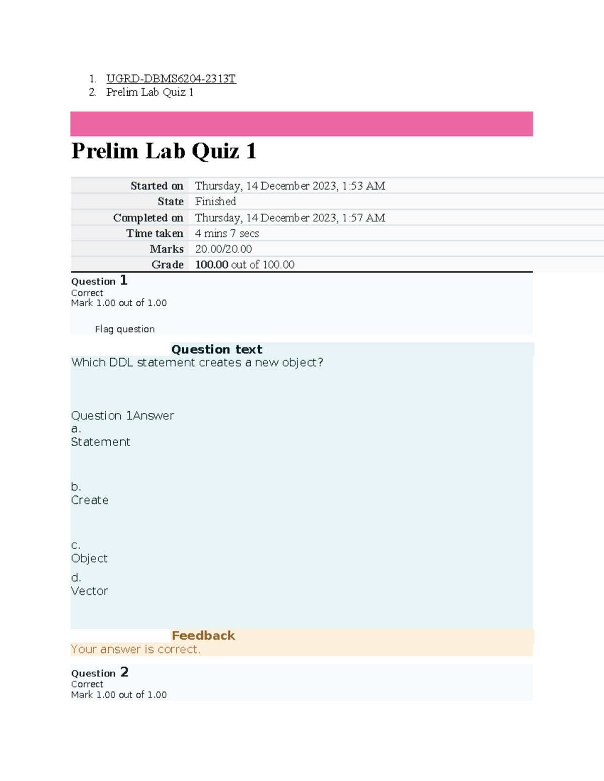 Database Query Language Lab 1 - 1. UGRD-DBMS6204-2313T 2. Prelim Lab Quiz 1 Prelim Lab Quiz 1 ...