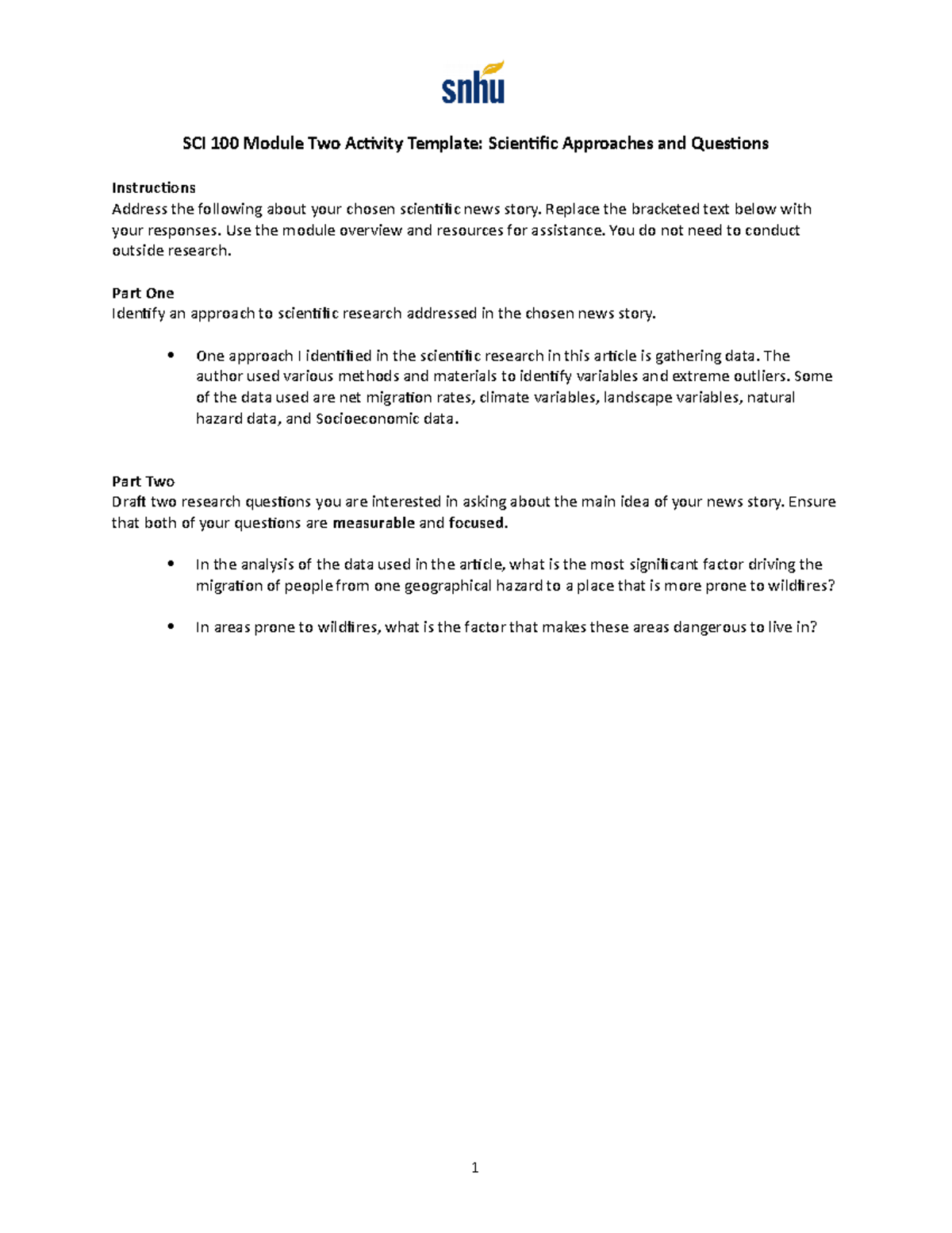 SCI 100 Module Two Activity Template - Replace the bracketed text below with your responses. Use ...