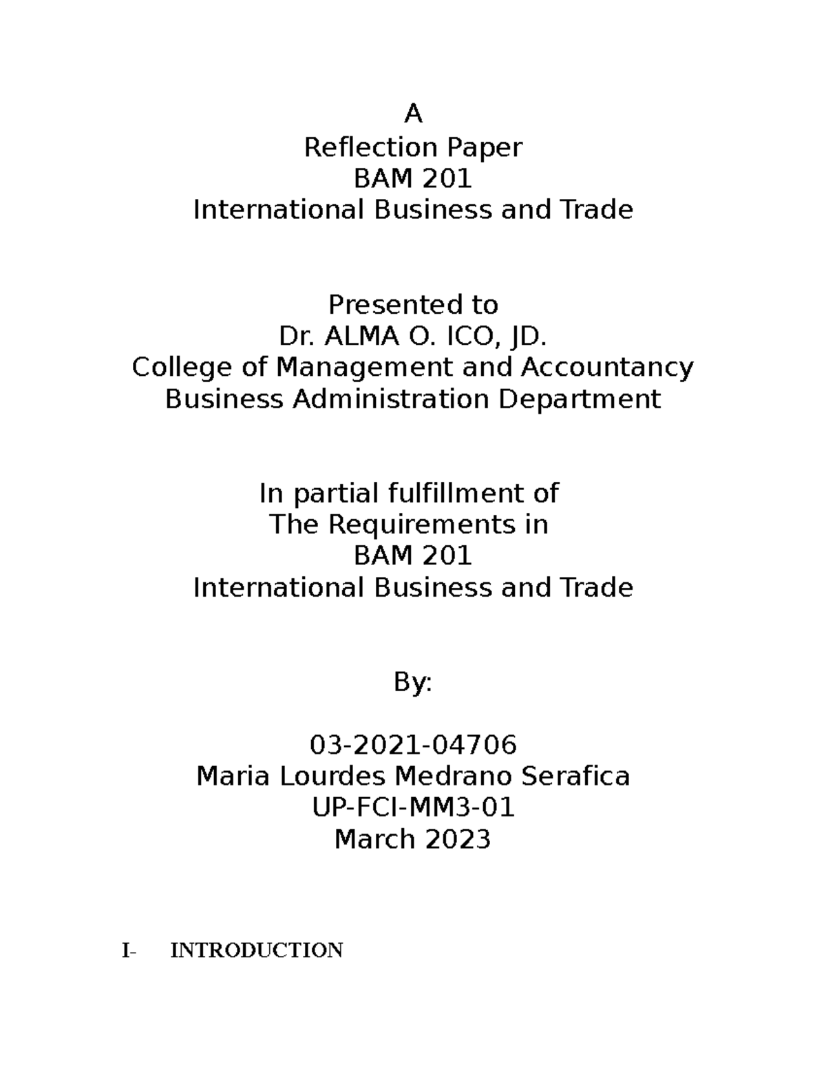 Reflection Paper BAM201 - A Reflection Paper BAM 201 International ...
