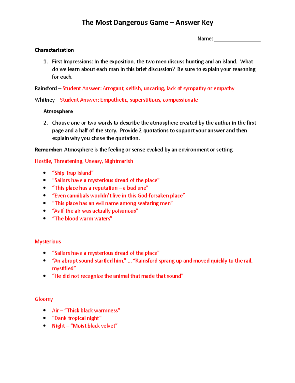 1e. The Most Dangerous Game Answer Key - The Most Dangerous Game ...