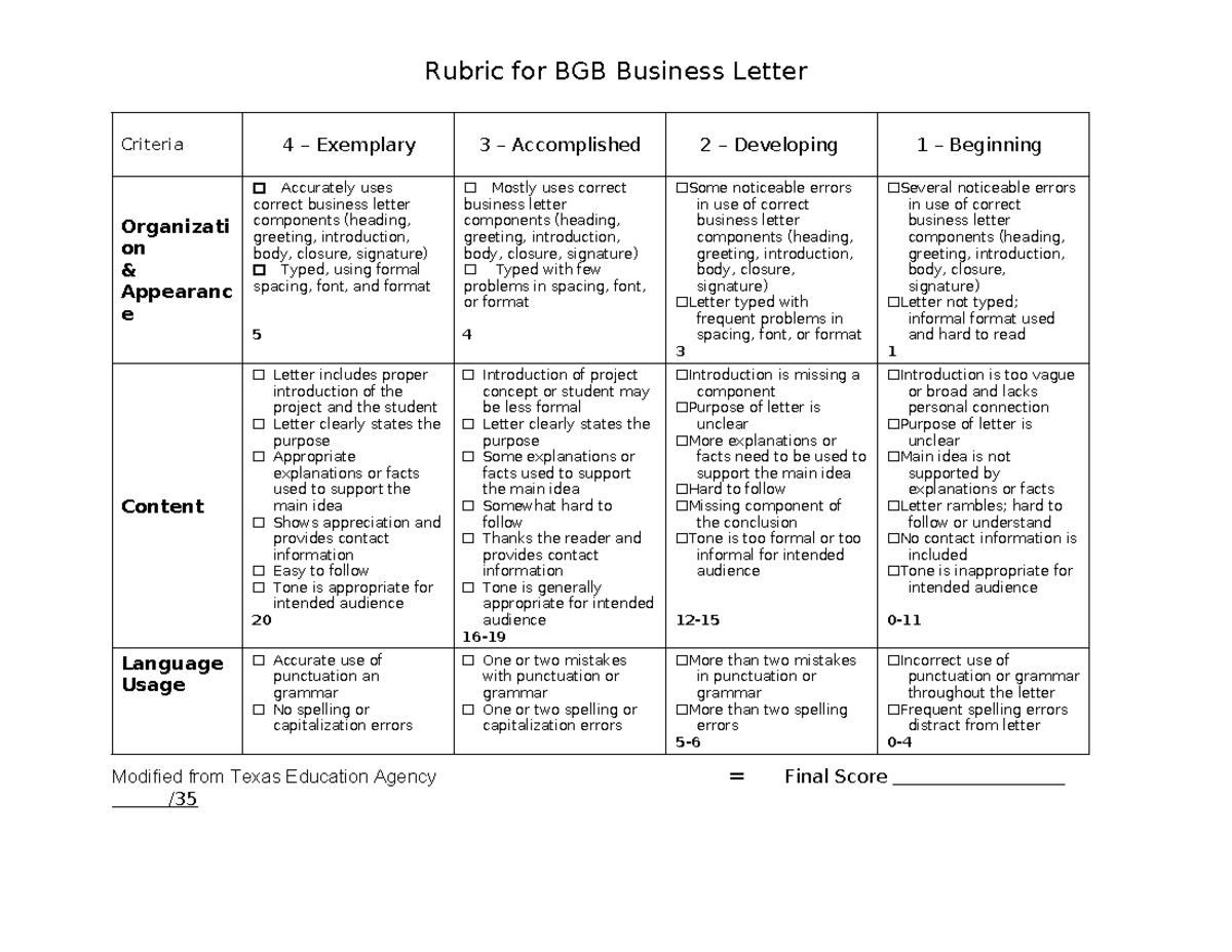 BGB Business Letter Rubric - Rubric for BGB Business Letter Criteria 4 ...