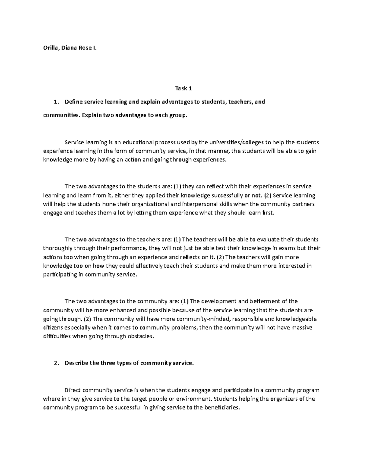 Service Learning - Grade: A - Orilla, Diana Rose I. Task 1 1. Define ...