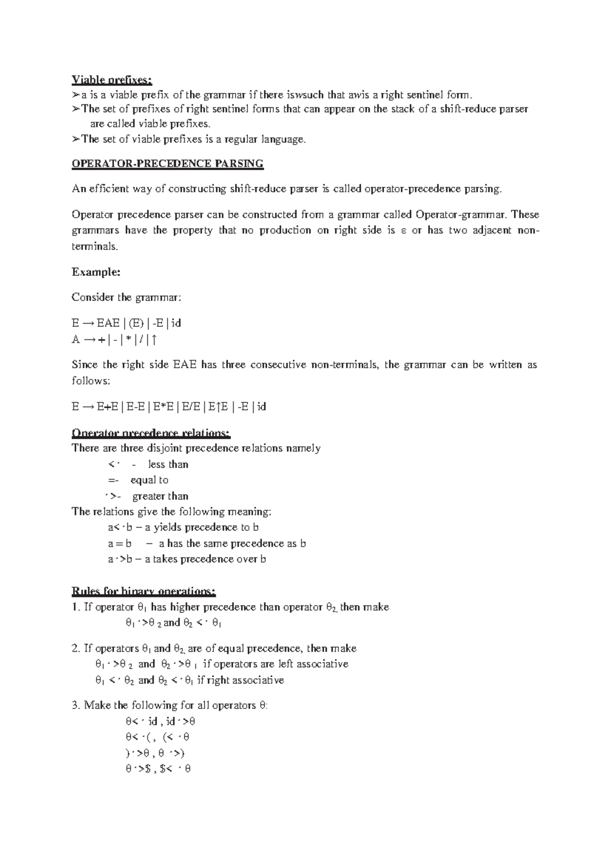 Operator precedence relations - Viable prefixes: a is a viable prefix ...