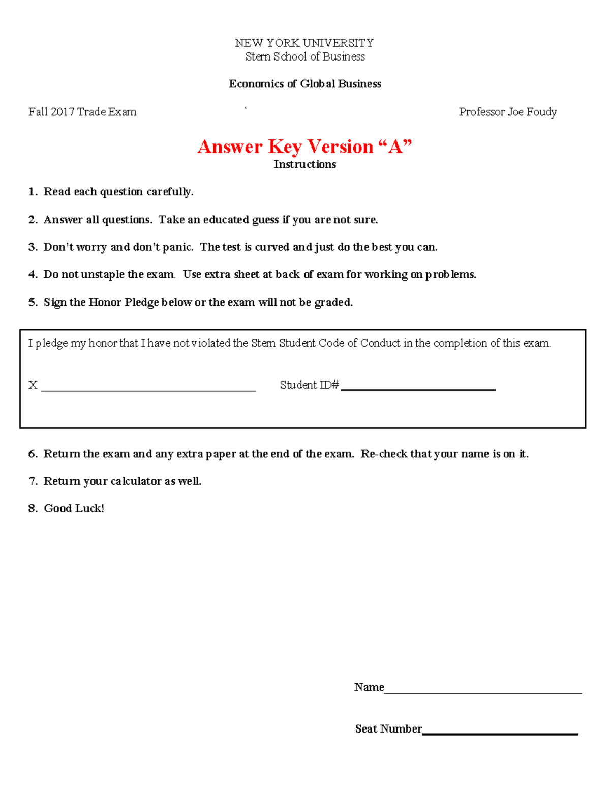 2017 Fall EGB Trade Exam Posting Answer KEY - NEW YORK UNIVERSITY Stern ...