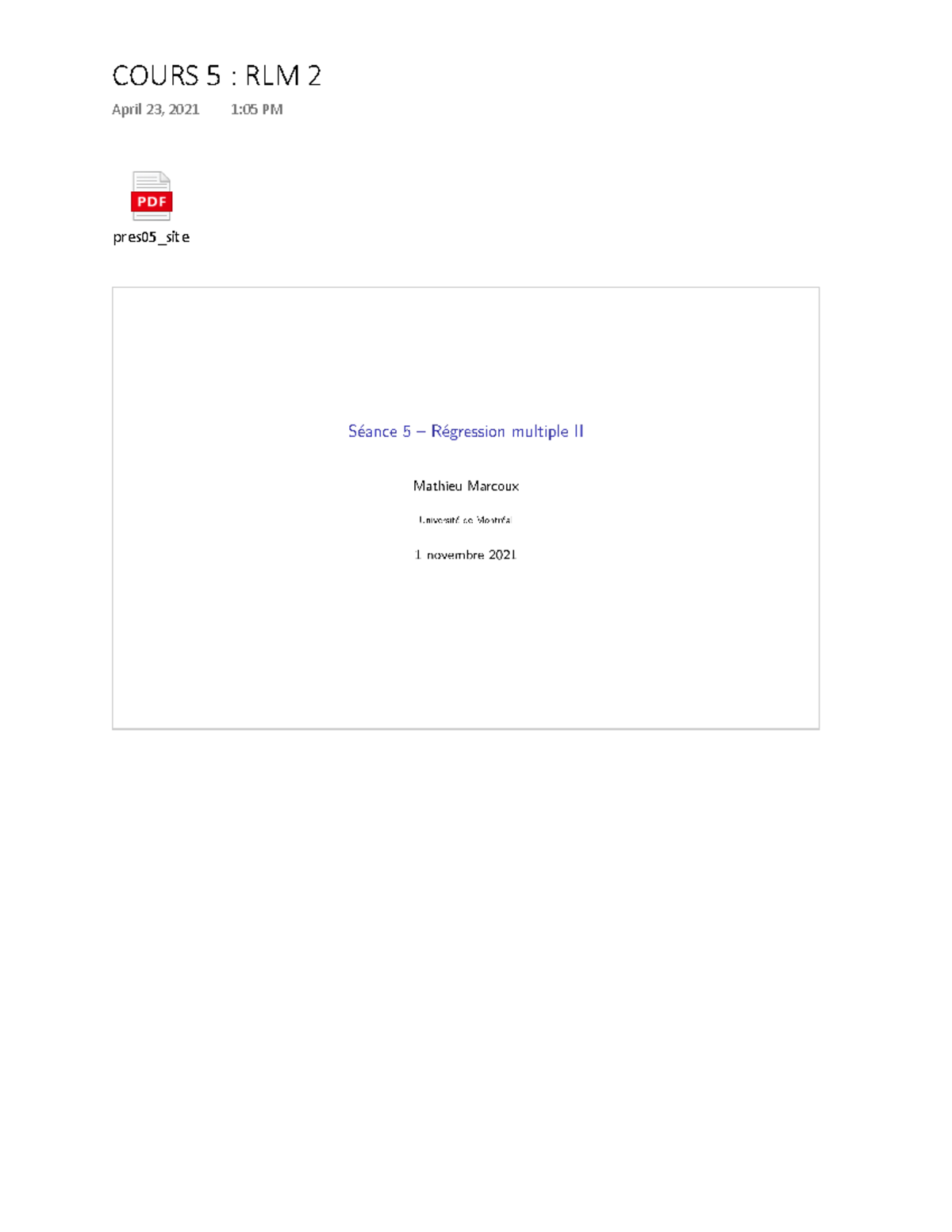 C5 Notes - ECN1260 - pres05_site COURS 5 : RLM 2 April 23, 2021 1:05 PM ...