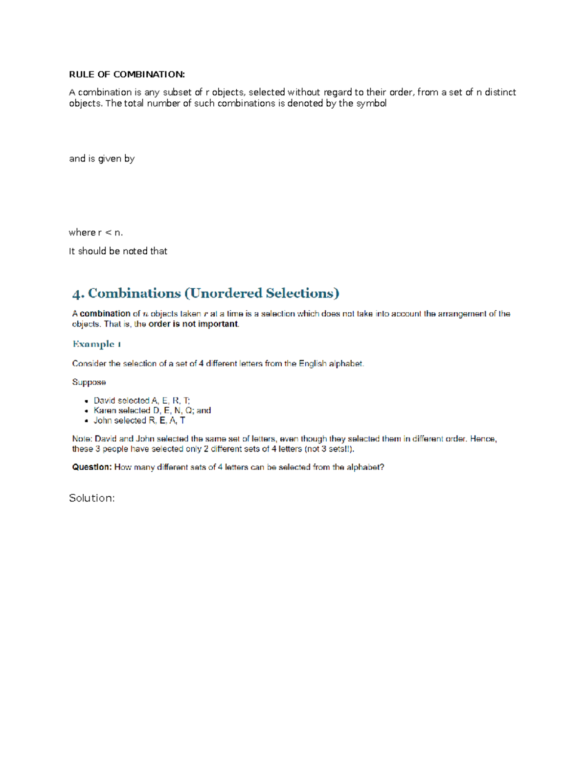 4-combinations lecture notes - RULE OF COMBINATION: A combination is ...