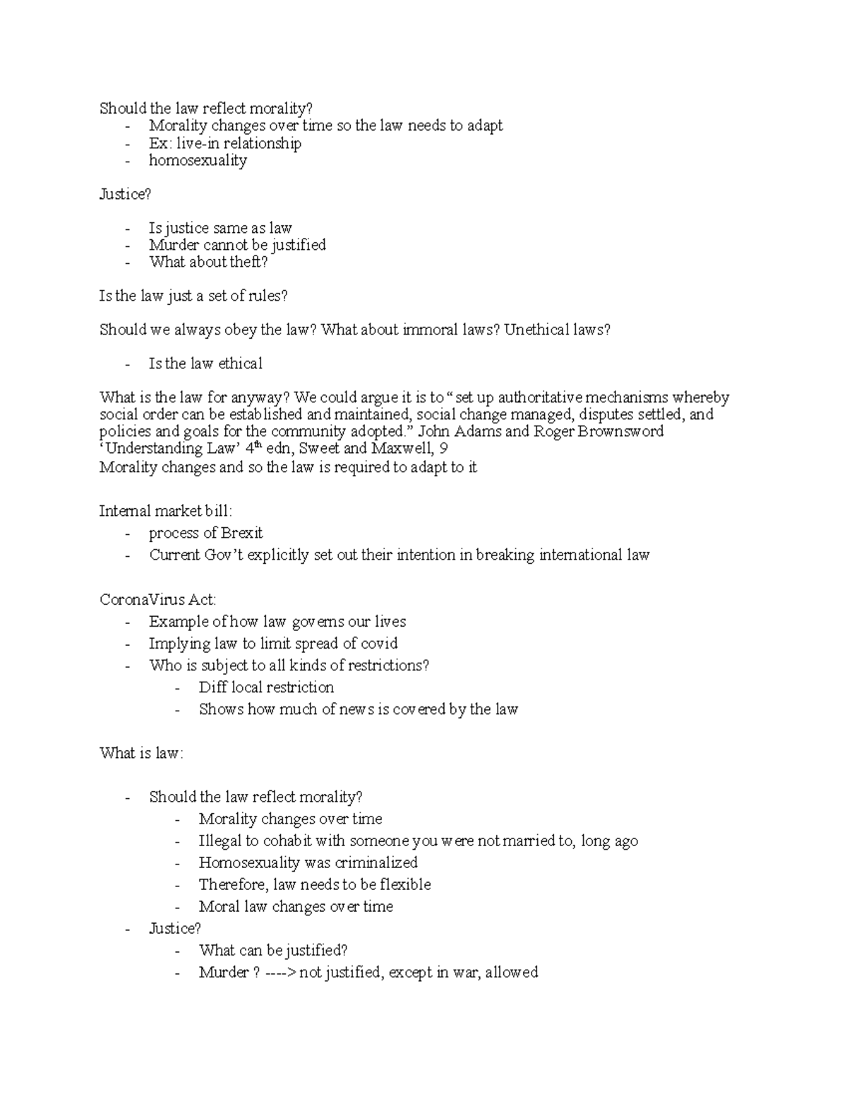 ELS-LEC1 - DETAILED NOTES - Should the law reflect morality? - Morality ...