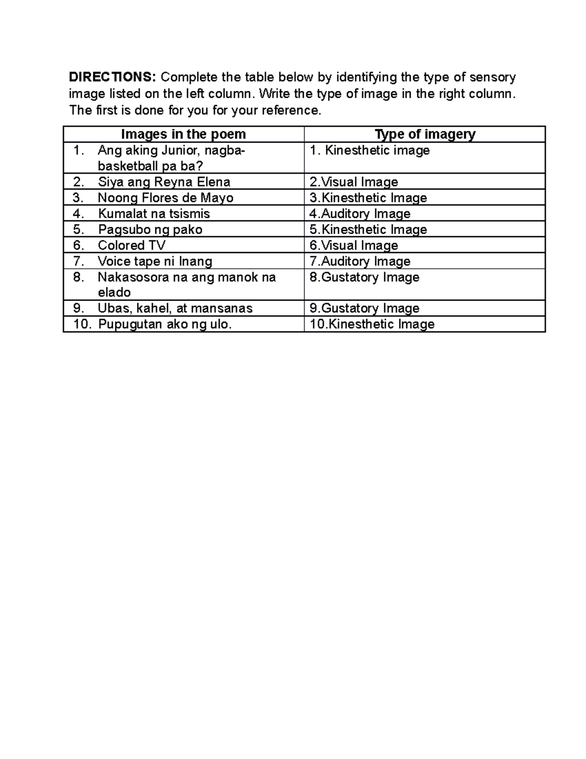 8. Assignment - identifying the type of sensory image listed on the ...