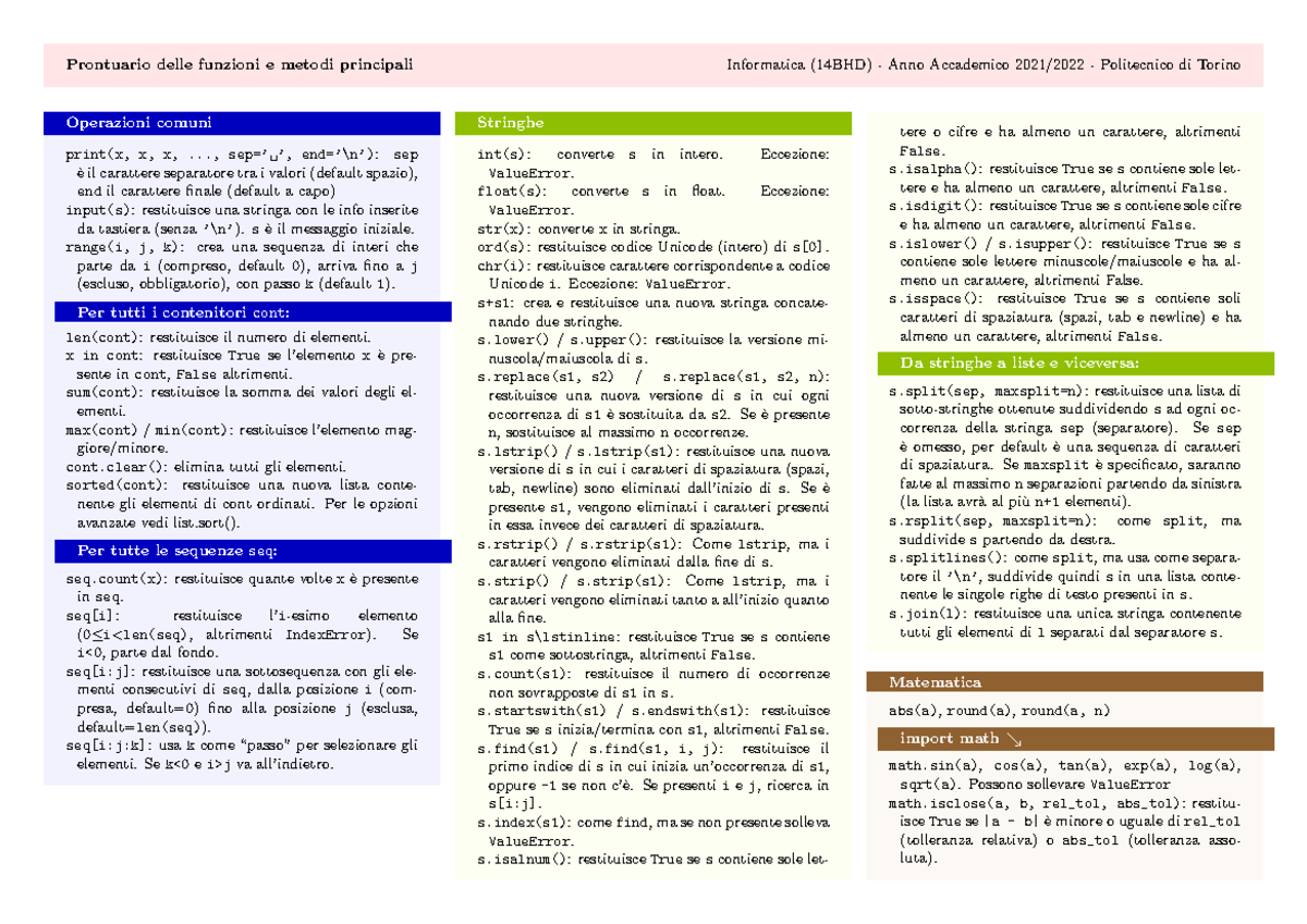 Python Cheat Sheet-v2 - Prontuario delle funzioni e metodi principali ...
