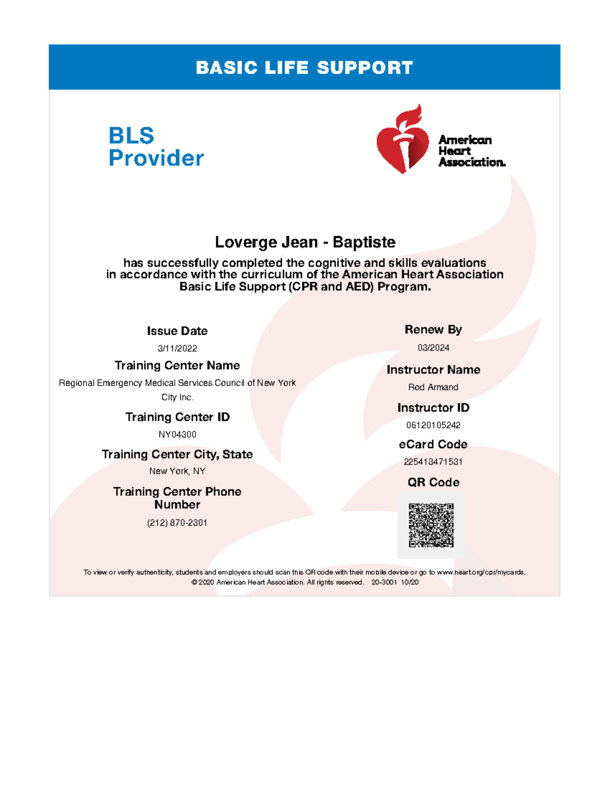 Student e Card - To study - BASIC LIFE SUPPORT BLS Provider has ...