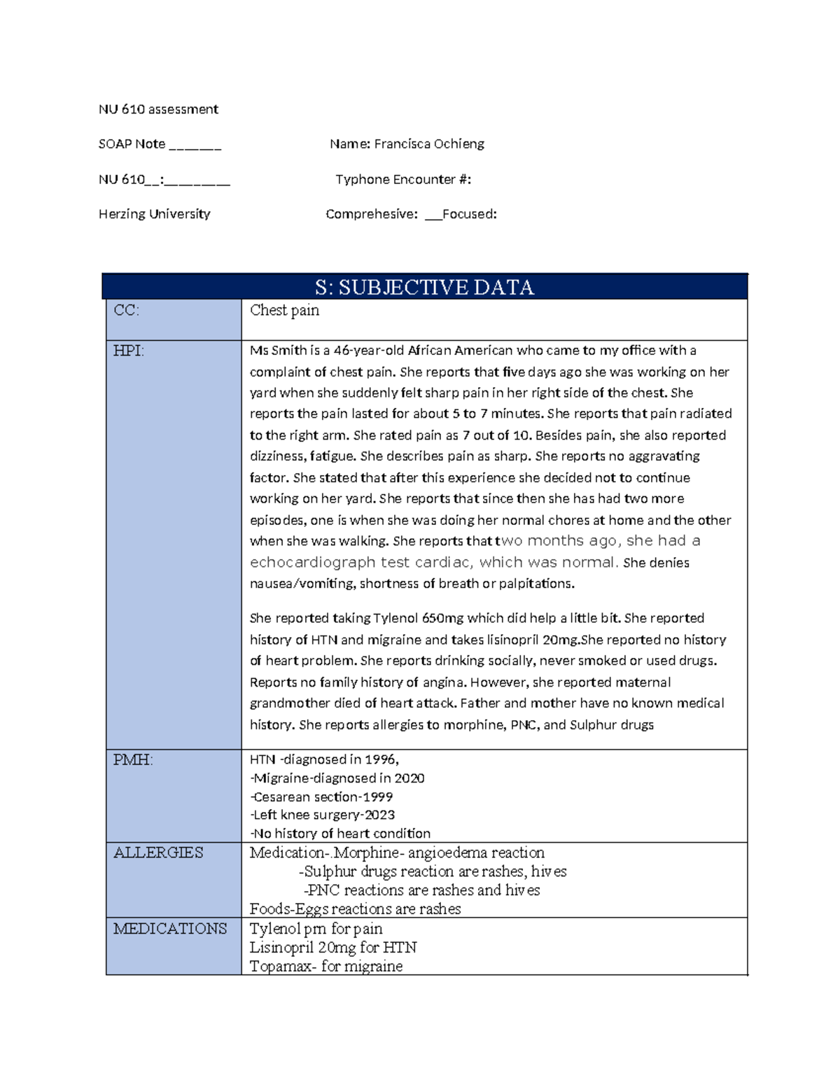 NU 610 assessment - management of diabetes - NU 610 assessment SOAP ...