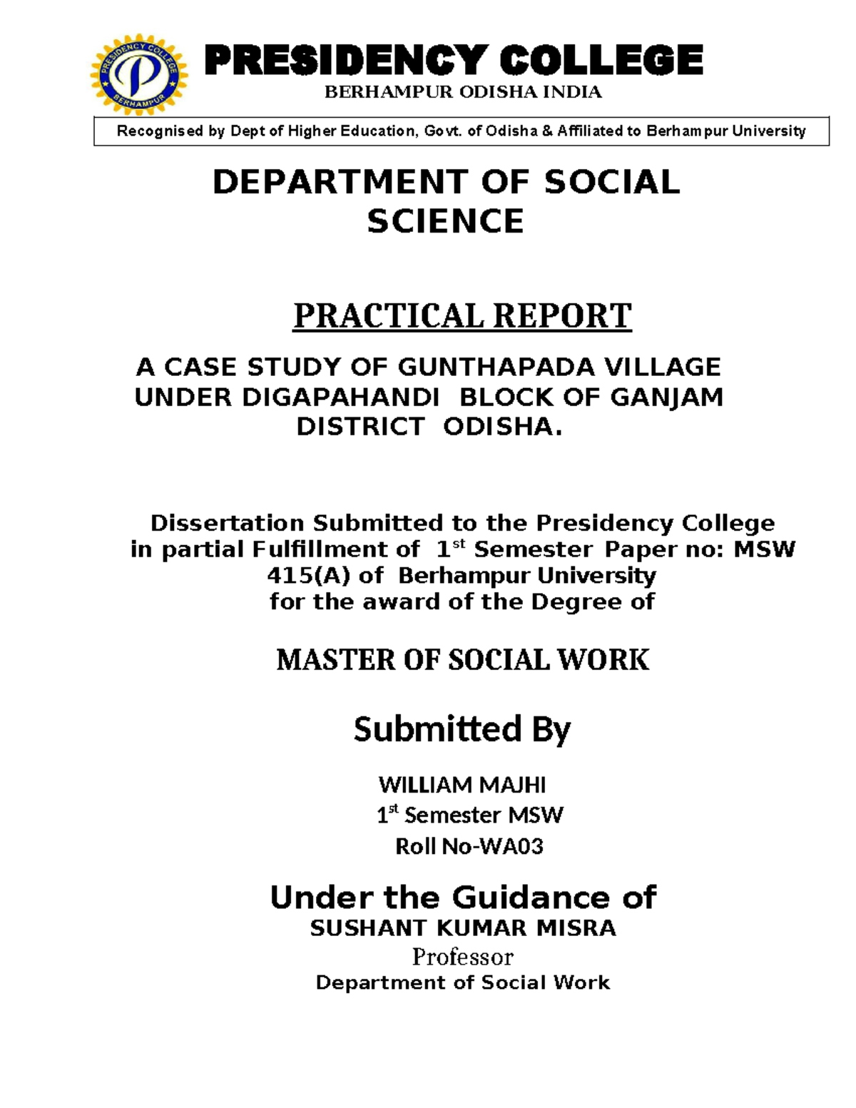 field work report - PRESIDENCY COLLEGE BERHAMPUR ODISHA INDIA ...