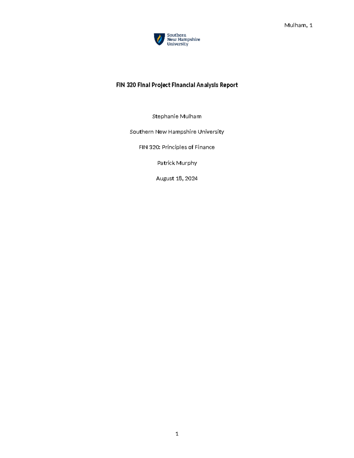FIN 320 Final Project Financial Analysis Report 8 - FIN 320 Final ...