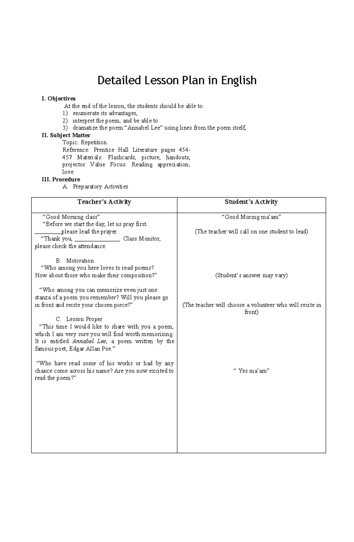 Lesson plan Annabel Lee - Detailed Lesson Plan in English I. Objectives ...