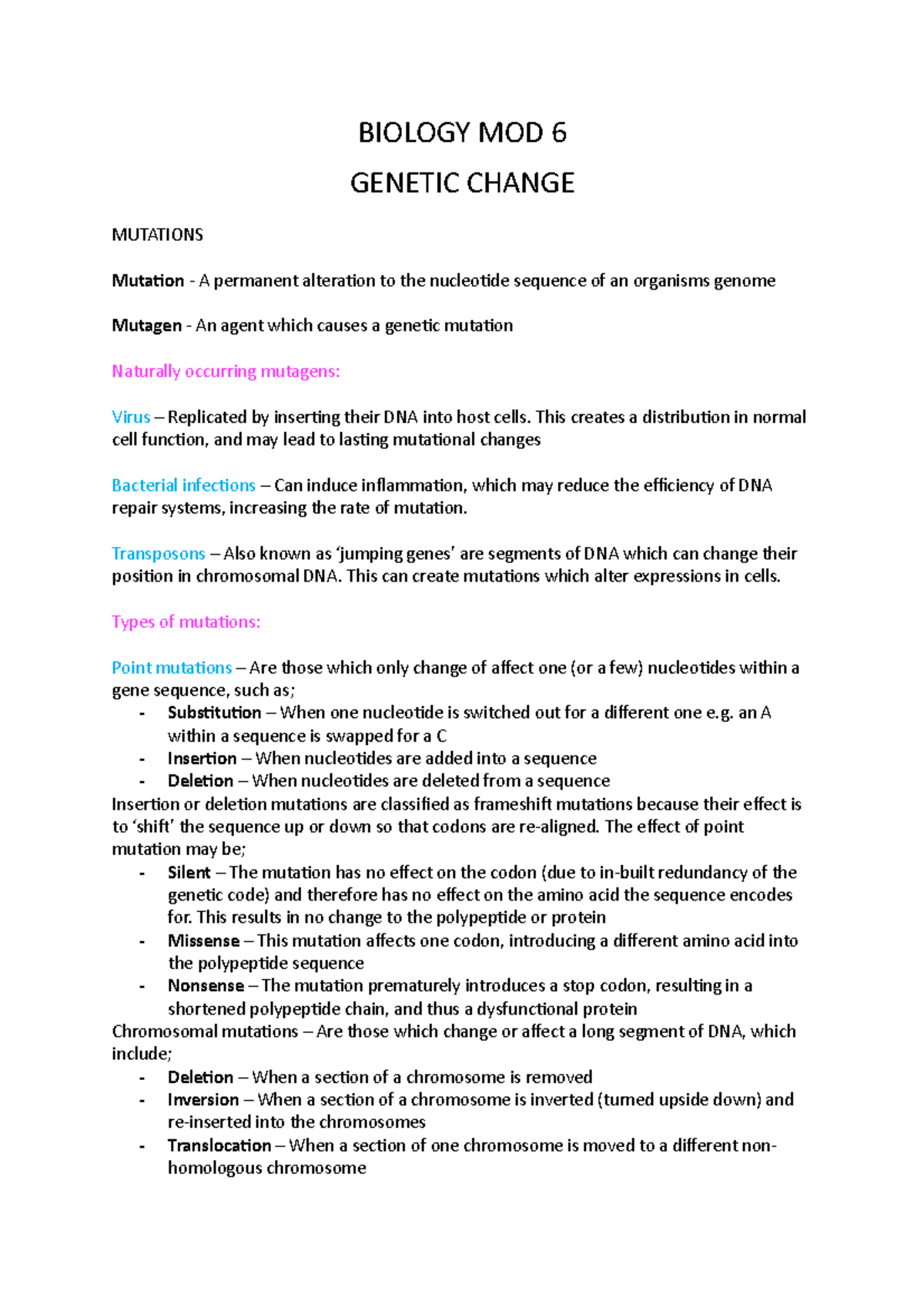Biology, Genetic Change Notes/summary, HSC - BIOLOGY MOD 6 GENETIC ...
