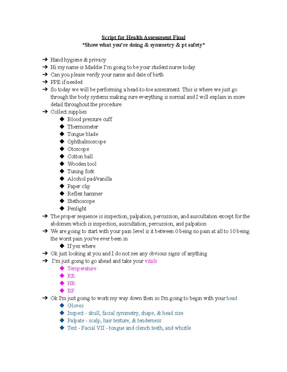 Script for Health Assessment Final - This is where we just go through ...