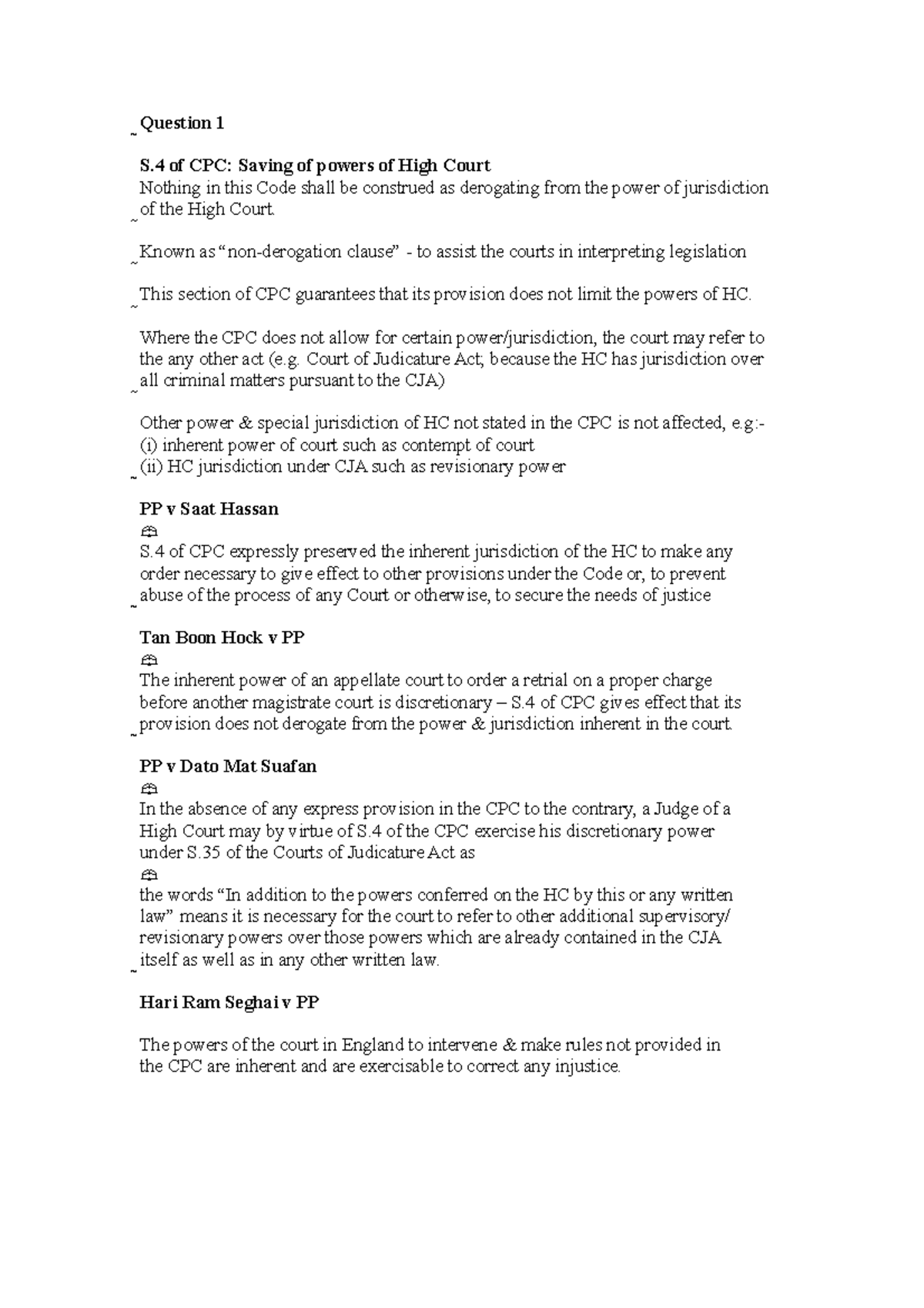 Tuto 1 Ans - tuto 1 - Question 1 S of CPC: Saving of powers of High Court Nothing in this Code ...