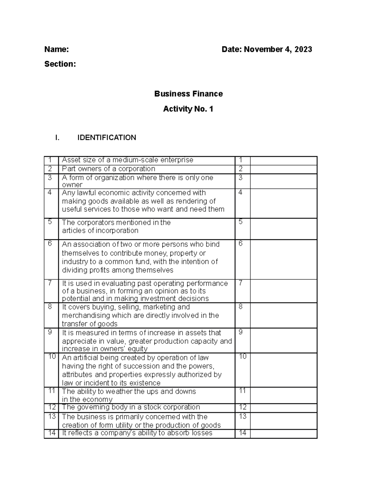 Business-Finance-Activity-No-1 - Name: Date: November 4, 2023 Section ...