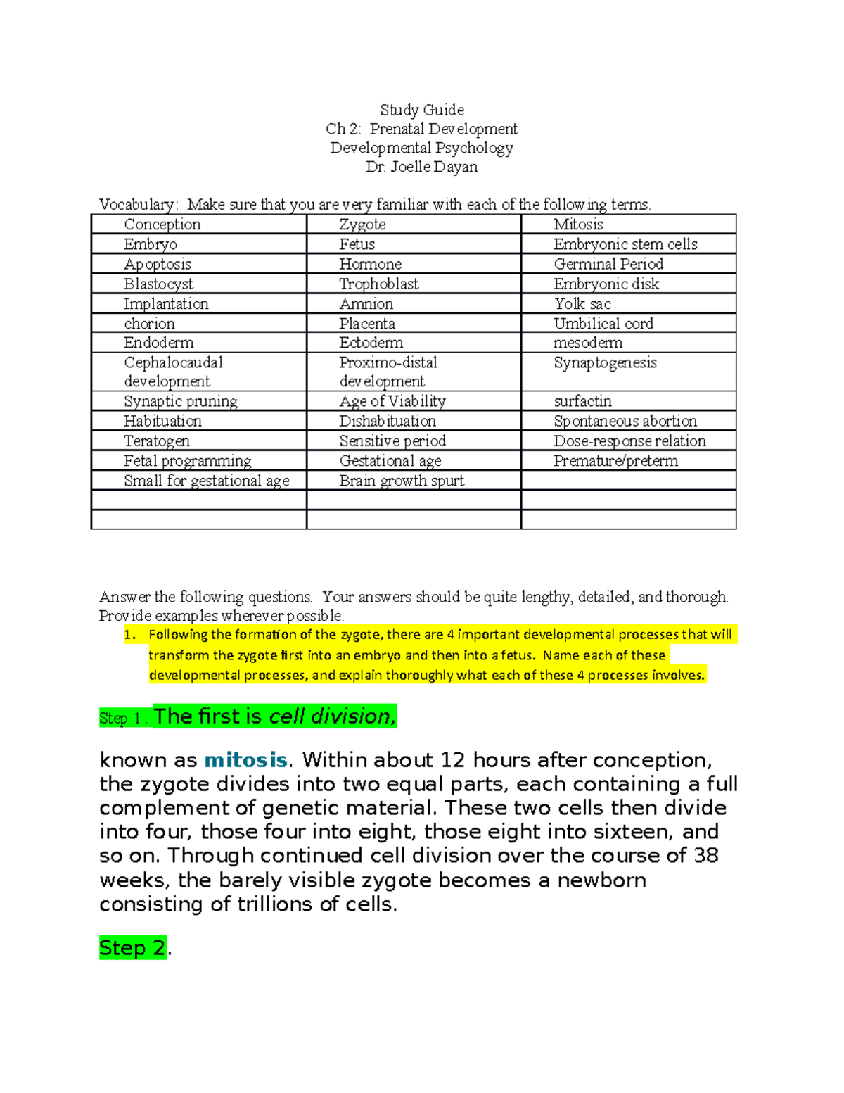 Study guide chap 2 - dev ps - Study Guide Ch 2: Prenatal Development ...