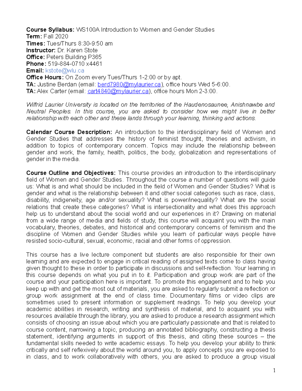 Course Syllabus for WS100OC Wilfrid Laurier U - Course Syllabus: WS100A ...
