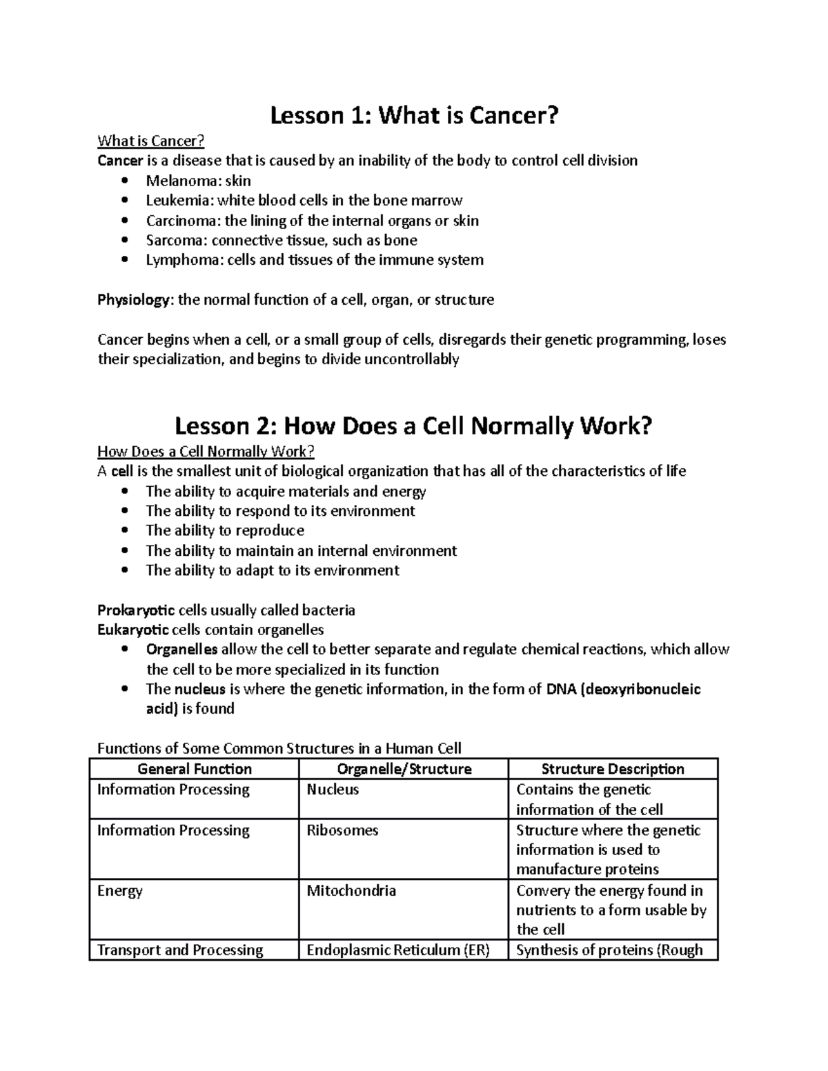 Lesson 1 and 2 (Cancer and Cells) - Lesson 1: What is Cancer? What is ...