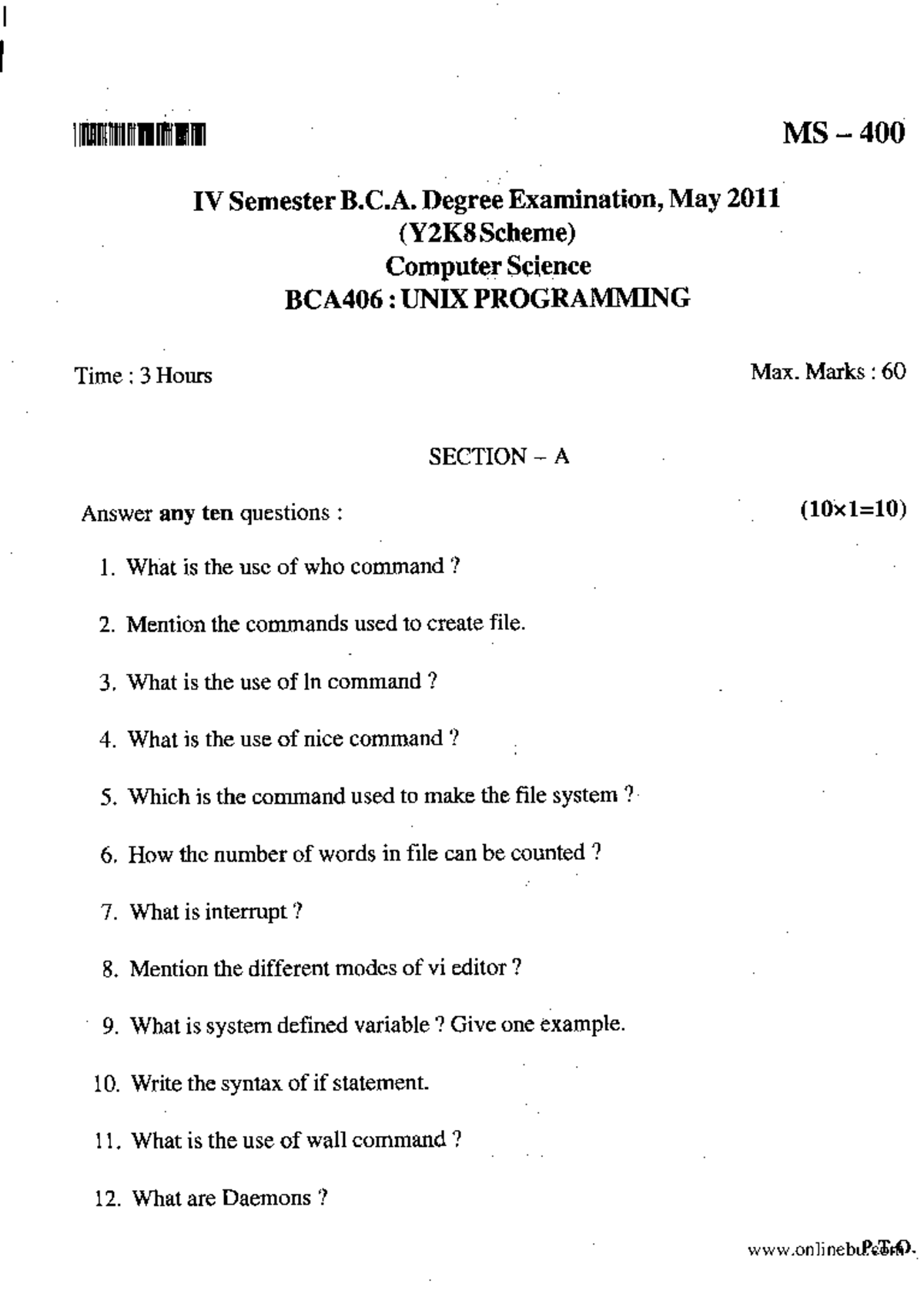 Bca 4 Sem Unix Programming 2011 Ms 400 Iv Semester Bc Degree
