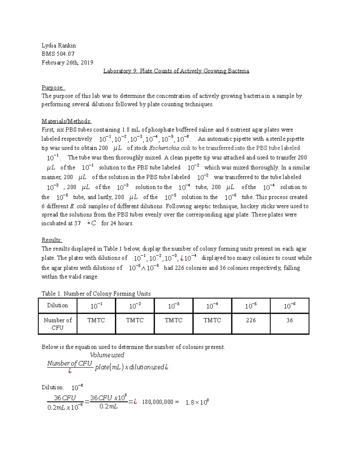 Microbiolgy Lab 9 - Lab Report - Lydia Rankin BMS 504. February 26th ...