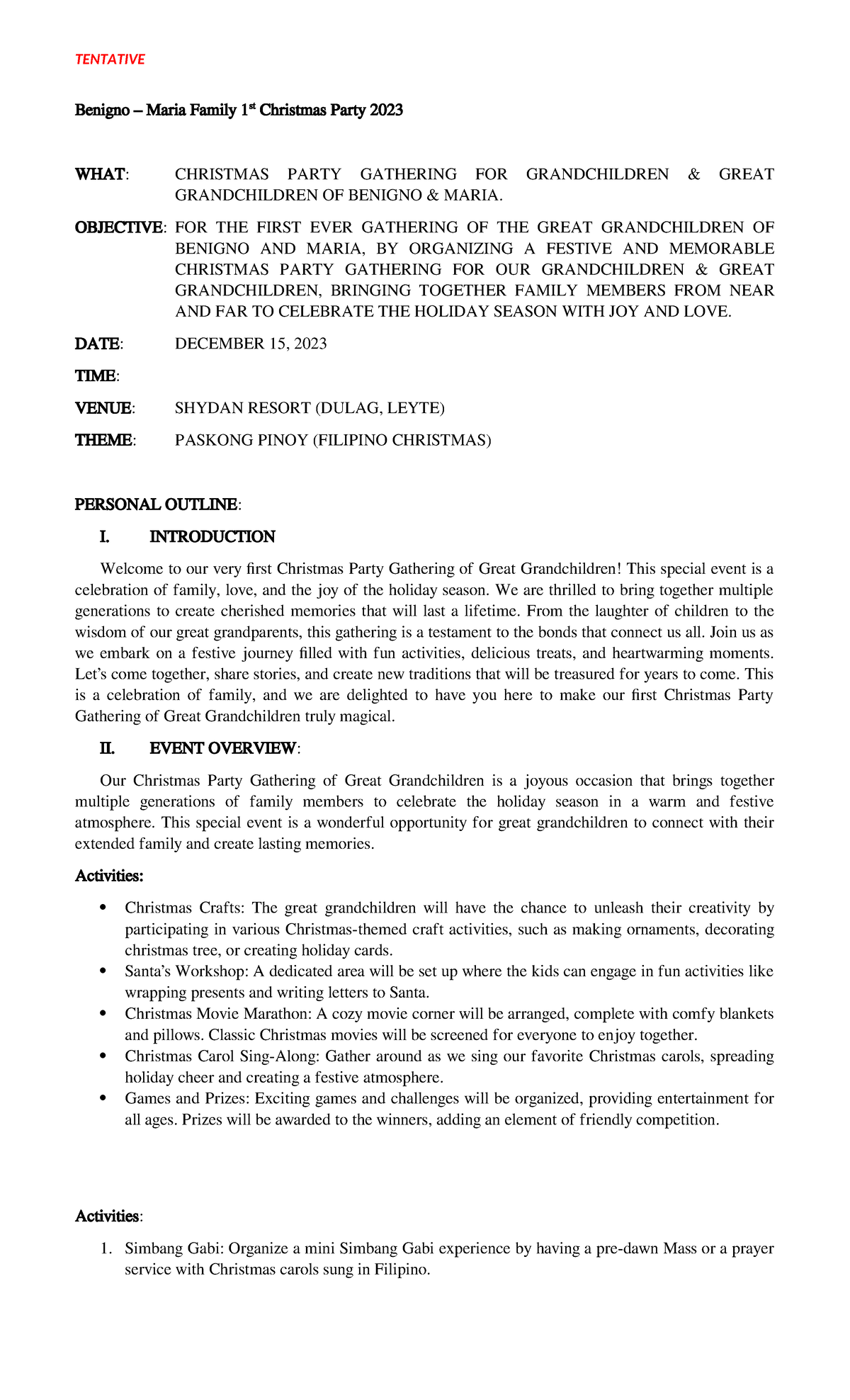 XMAS Party - This is a plan for a simple gathering - TENTATIVE Benigno ...