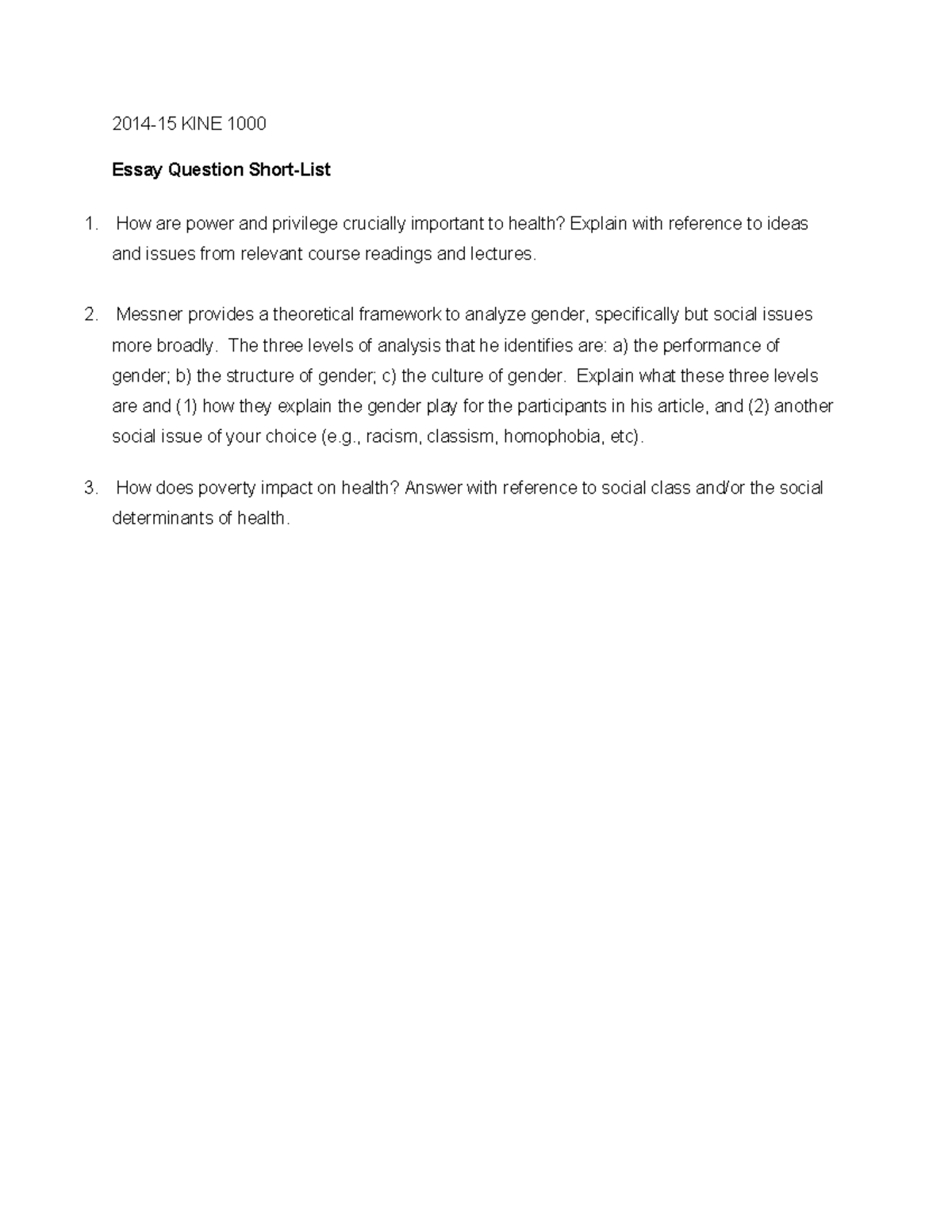 Sample/practice exam April 2015, questions - 2014­15 KINE 1000 Essay Question Short­List 1 ...