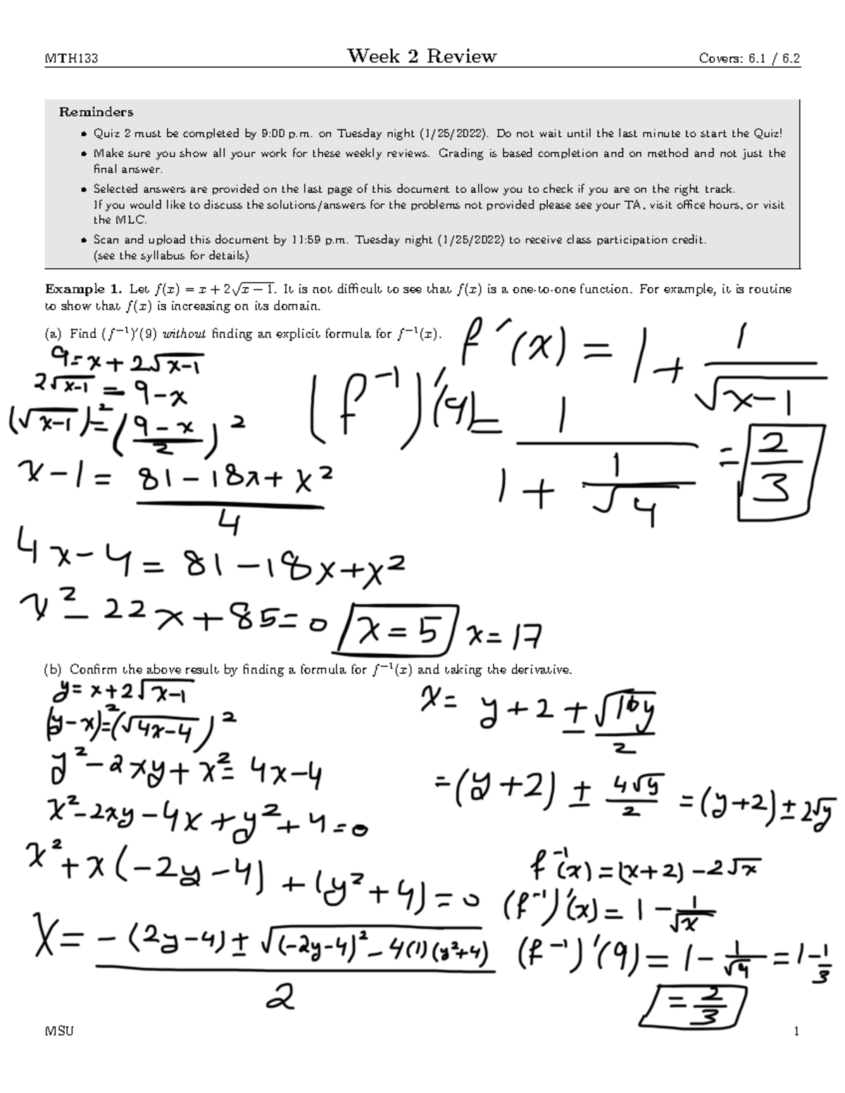 Week2 Review Sheet - MTH133 Week 2 Review Covers: 6 / 6. Reminders Quiz ...