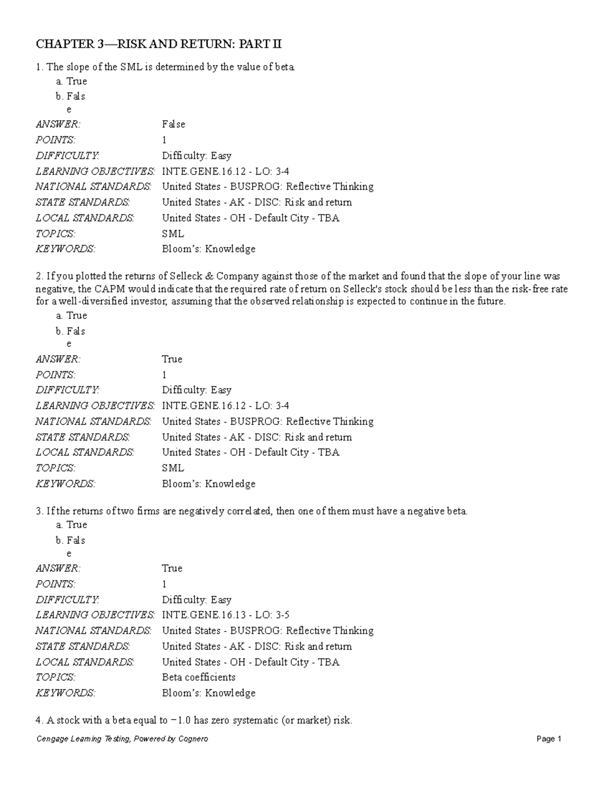 Chapter 3 RISK AND Return PART II - The slope of the SML is determined by the value of beta. a ...