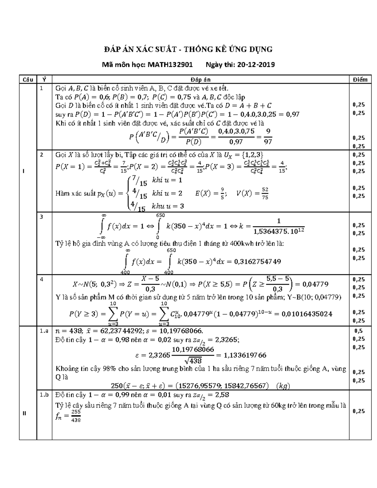DAP AN 1920 - ĐÁP ÁN XÁC SUẤT - THỐNG KÊ ỨNG DỤNG Mã môn học ...