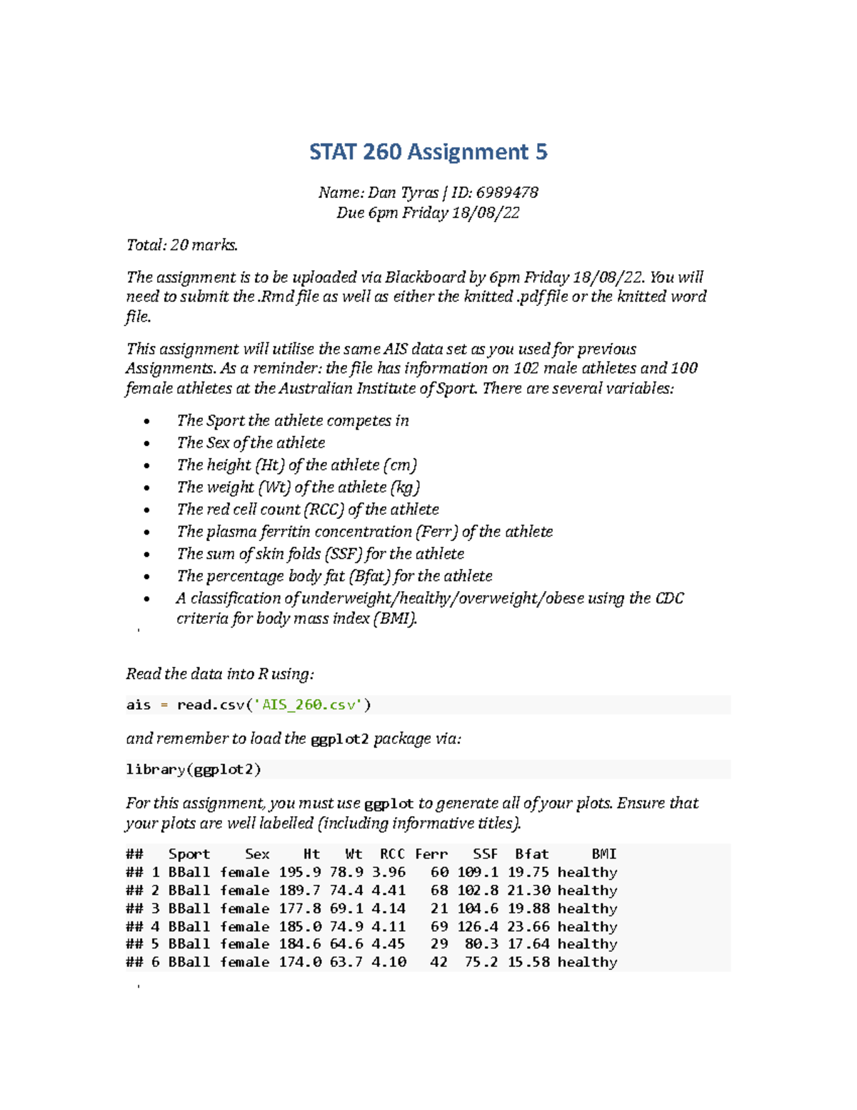 A5-1 - R studio code - STAT 260 Assignment 5 Name: Dan Tyras | ID: 6989478 Due 6pm Friday 18/08 ...