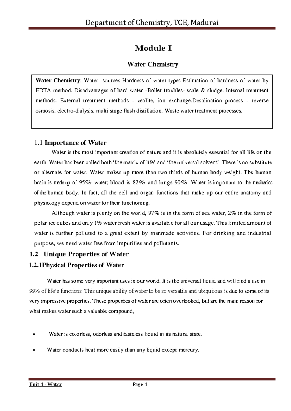 Engineering Fundamental 2021 - Module I Water Chemistry 1 Importance of ...