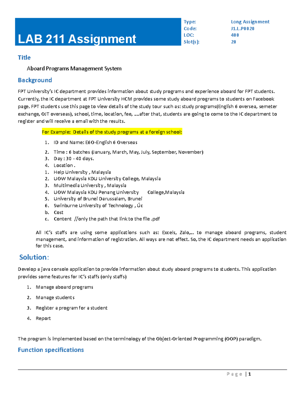 Aboard Program Registration System-400 - LAB 211 Assignment Type: Long Assignment Code: J1.L LOC ...