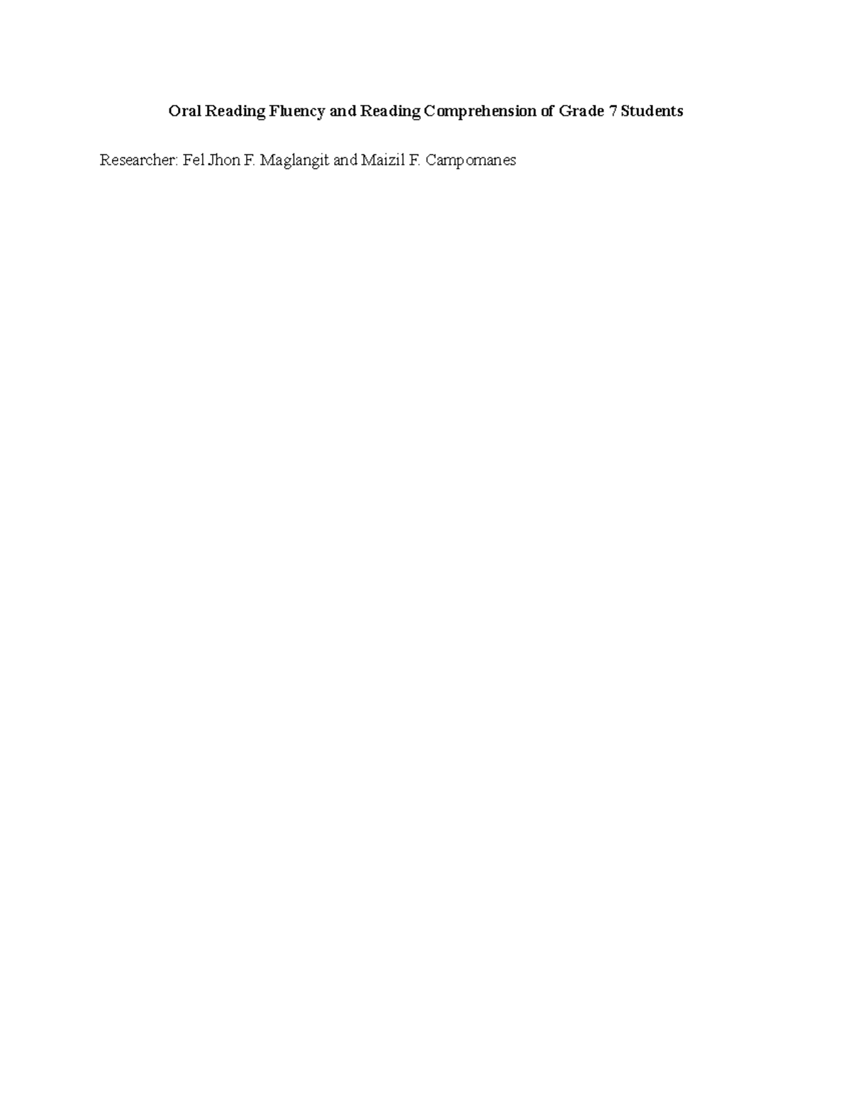 Chapter 1 Oral Reading Fluency And Reading Comprehension Of Grade 7