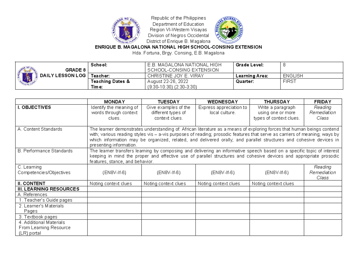 ENG 8 DLL - Daily Lesson Log in English 8 - Republic of the Philippines ...